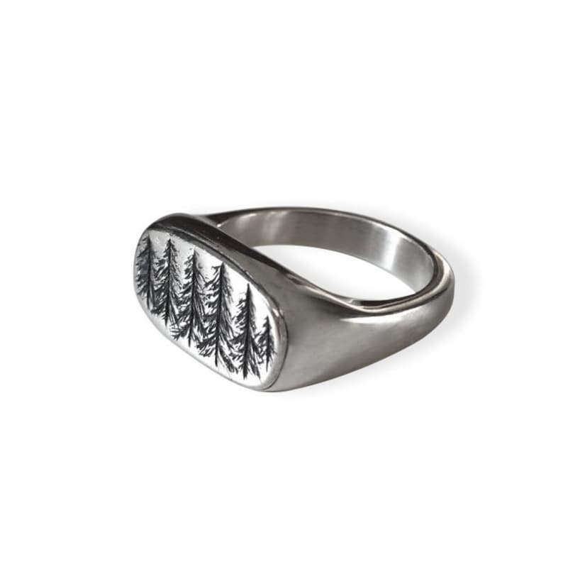 Engraved Pine Trees Signet Ring / Sterling Silver / Forest Ring - Etsy