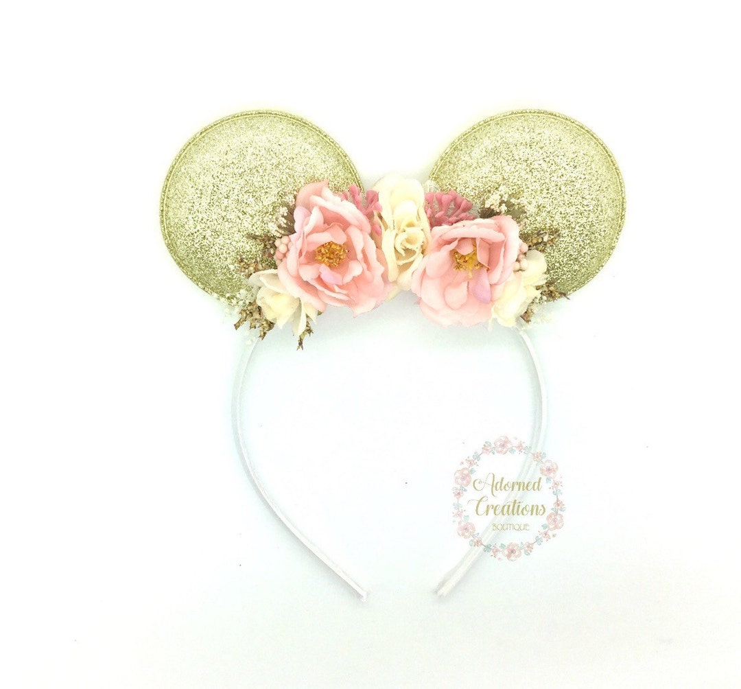 Pink and Gold Mouse Ears Headband - Mouse Headband - Flower Crown ...