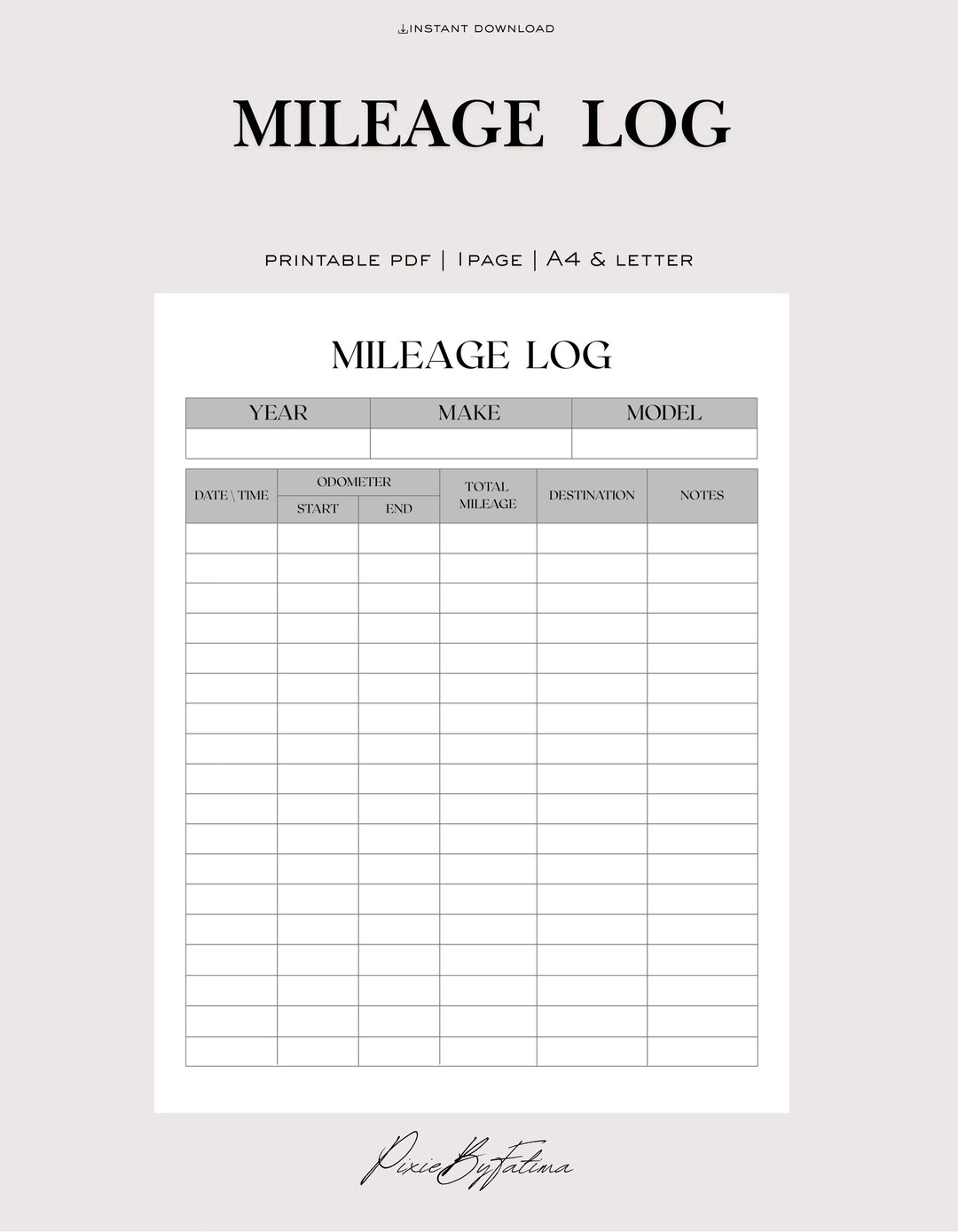 Mileage Log Printable, Vehicle Mileage Tracker PDF, Business Expense ...