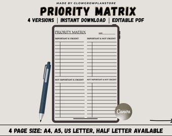 Priority Matrix Printable, Task Planner, A4 A5, Canva Editable (PDF ...