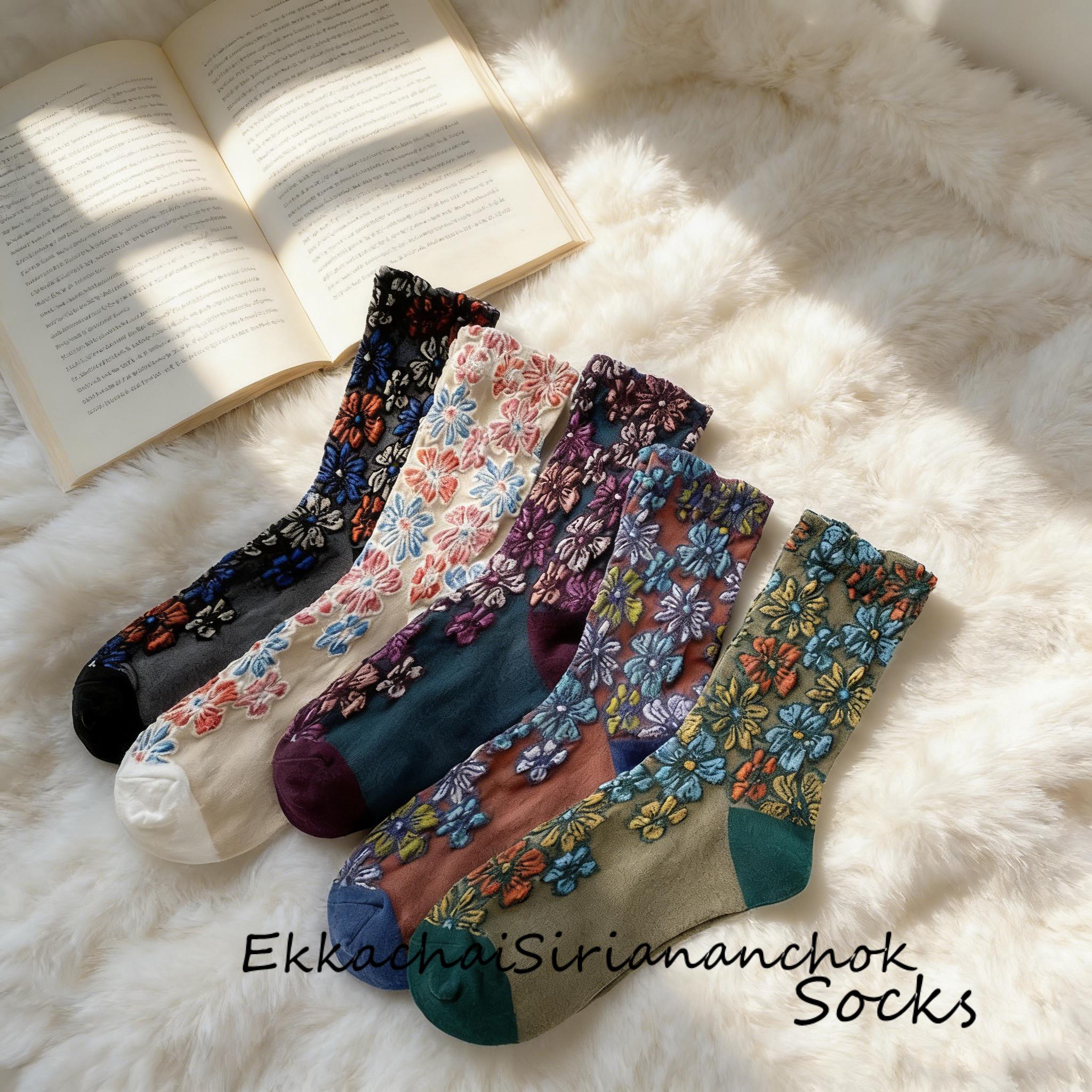 Floral Bohemian Socks | Retro Cottagecore Socks | Cotton Blend Crew ...