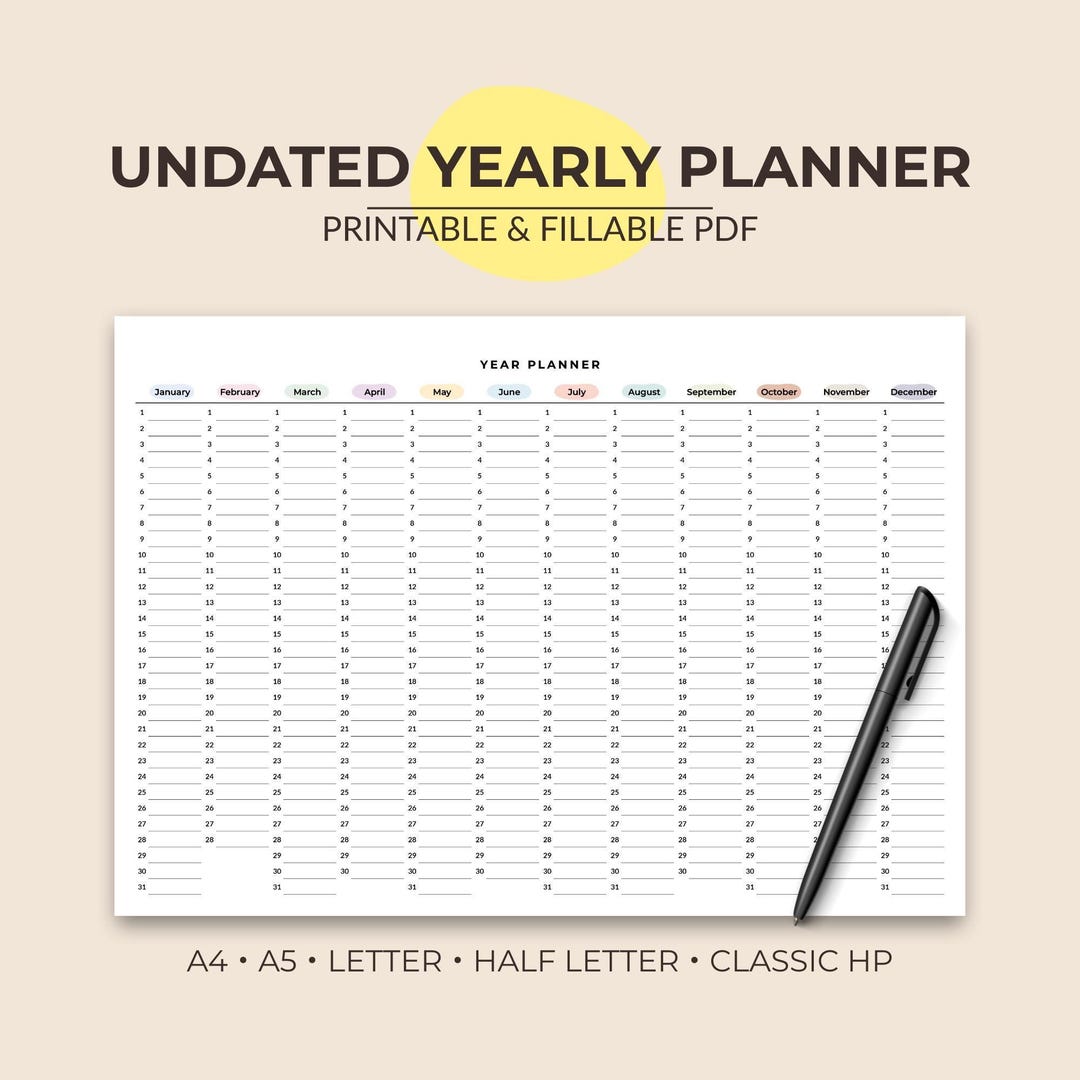 Year at a Glance Printable Undated Yearly Planner One Page Layout for ...