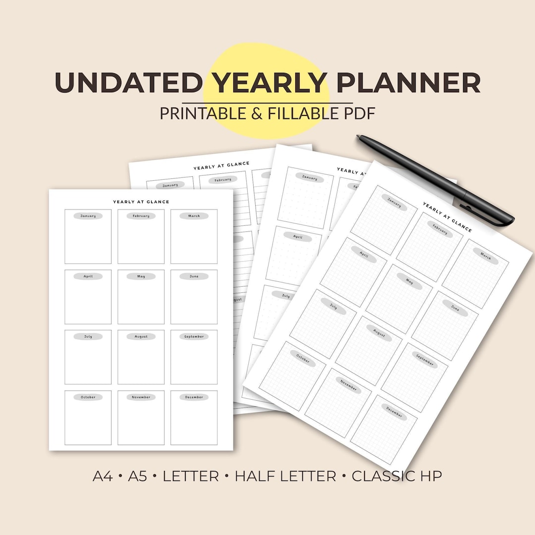 Undated Yearly Planner Printable Year at a Glance Annual Overview ...