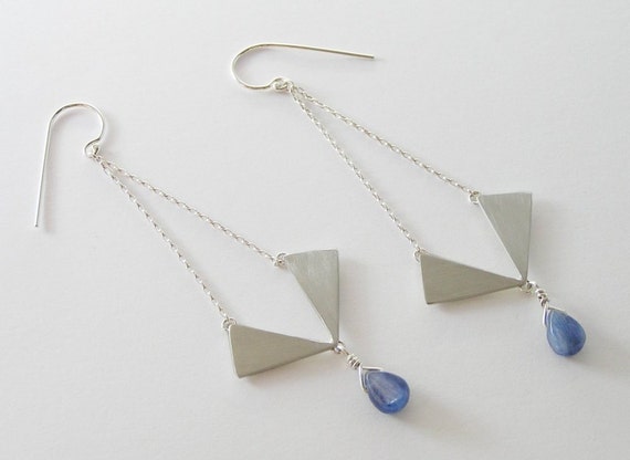 Geometric Dangle Earrings Long Triangle Chandelier Earrings Sterling Silver With Blue Kyanite Drops Etsy