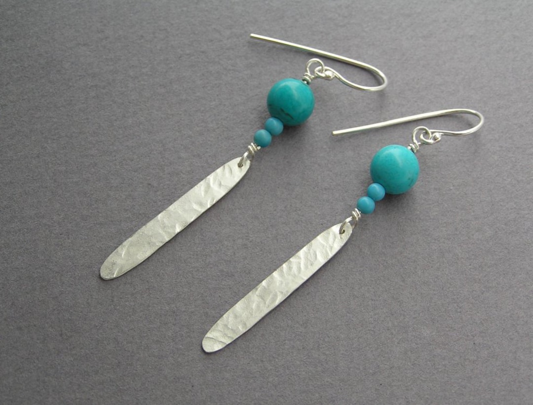Silver Dangle Earrings, Turquoise Earrings, Feather Earrings, Leaf ...