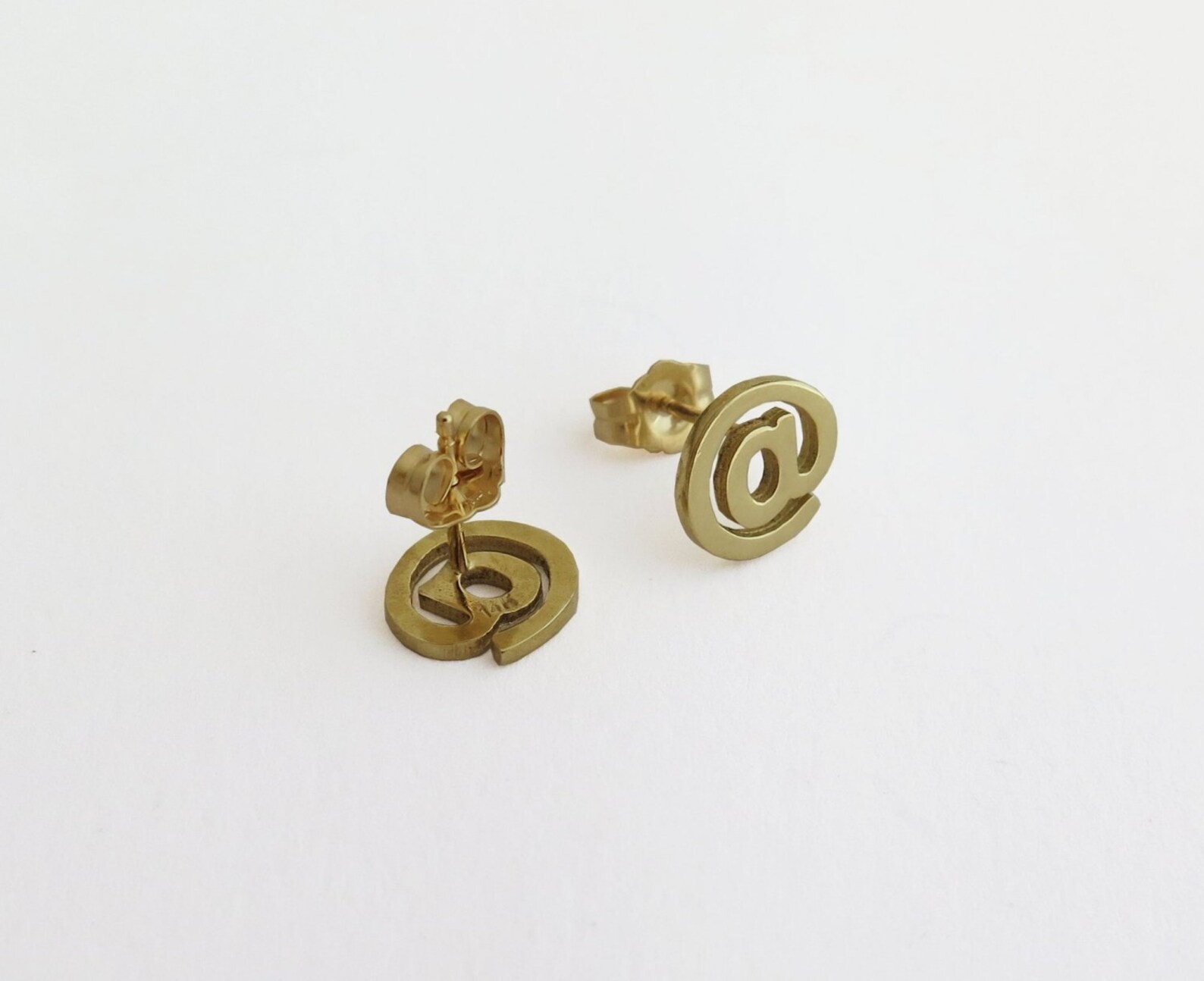 14k Gold at Sign Stud Earrings - Computer Symbol Solid Gold Jewelry - Etsy