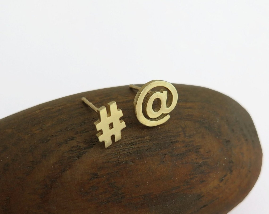 14k Gold Hashtag & at Studs - Twitter Earrings - Mismatched Sign ...