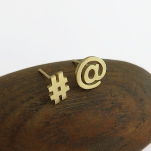 14k Gold Hashtag & at Studs - Twitter Earrings - Mismatched Sign ...