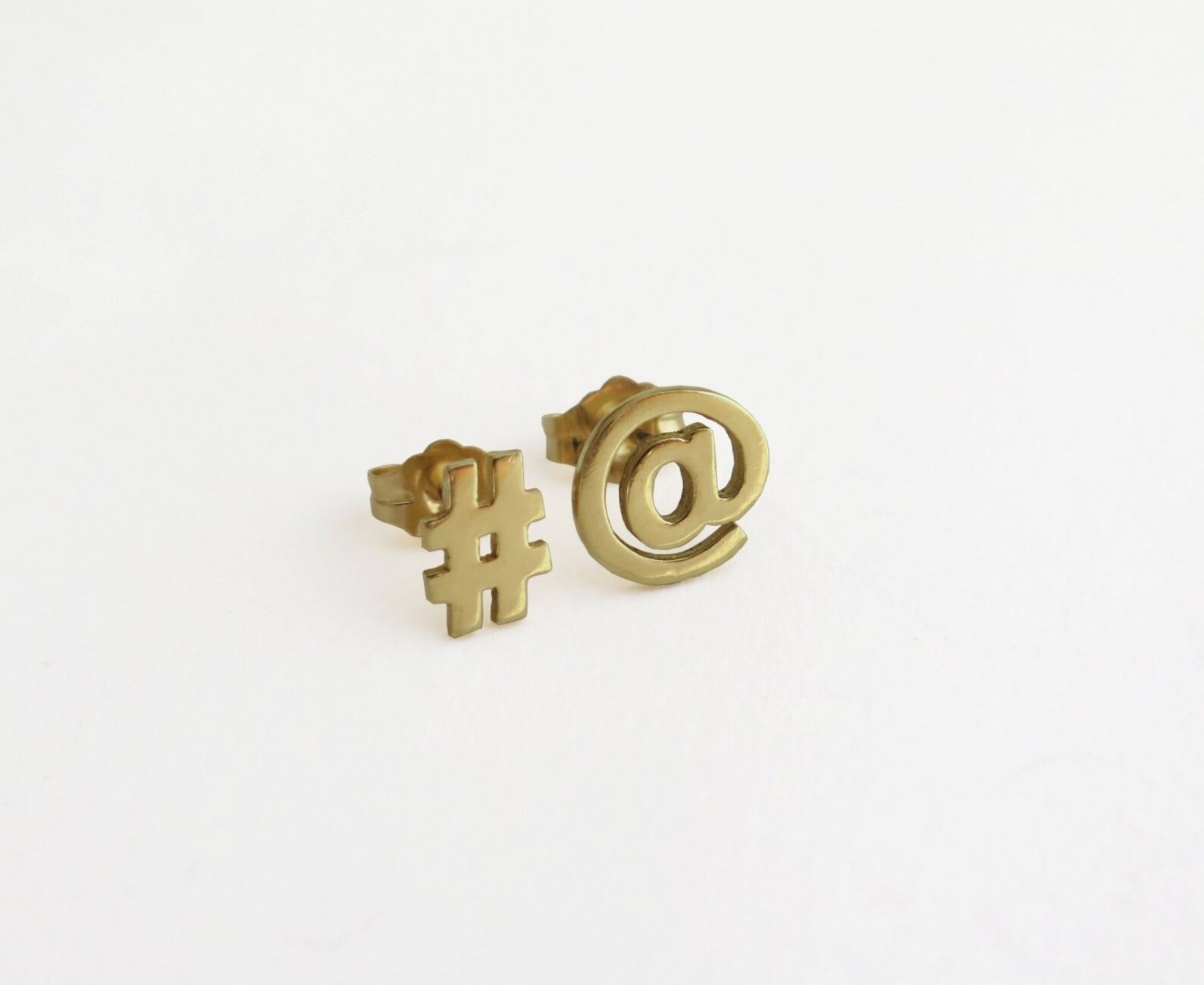 14k Gold Hashtag & at Studs - Twitter Earrings - Mismatched Sign ...