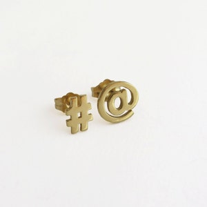 14k Gold Hashtag & at Studs - Twitter Earrings - Mismatched Sign ...