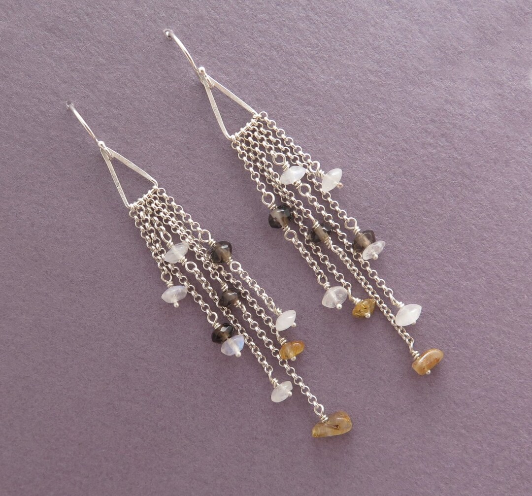 Long Dangle Earrings - Multi Chain Earrings With Natural Gems ...
