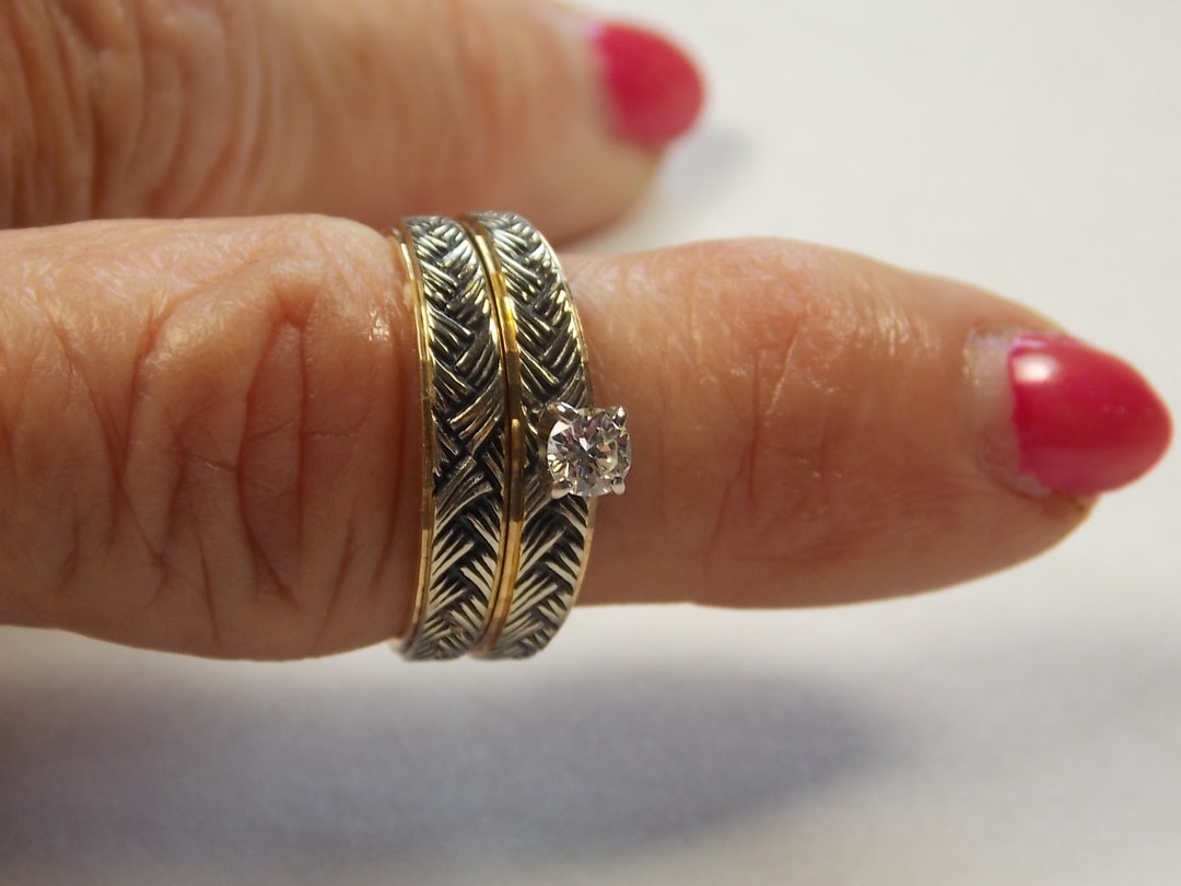 Vintage 14K Gold Diamond Bridal Set, Black Enamel Hatch Design, Size 7 ...