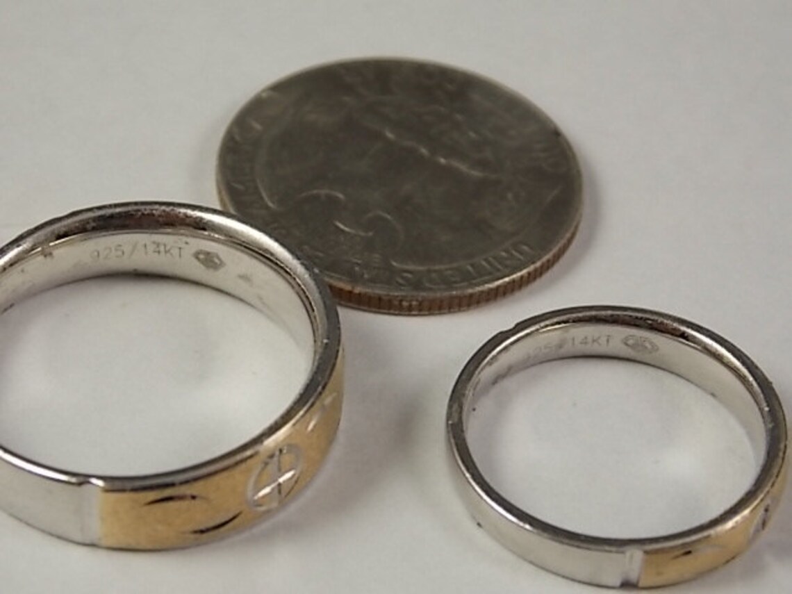 Double Wedding Ring Set Sterling Silver Yellow Gold 14K 7mm - Etsy