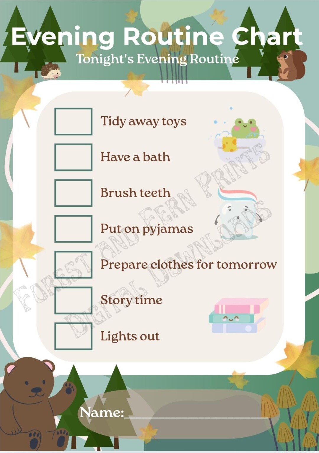Woodland Evening Routine Chart for Kids | Printable Behaviour & Reward ...