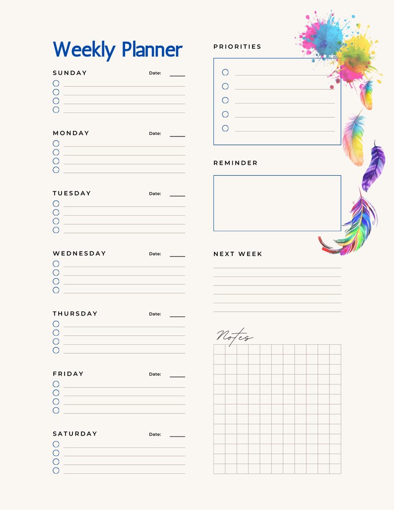 Weekly Planner Printable • Colorful Feather Planner • Weekly Schedule ...