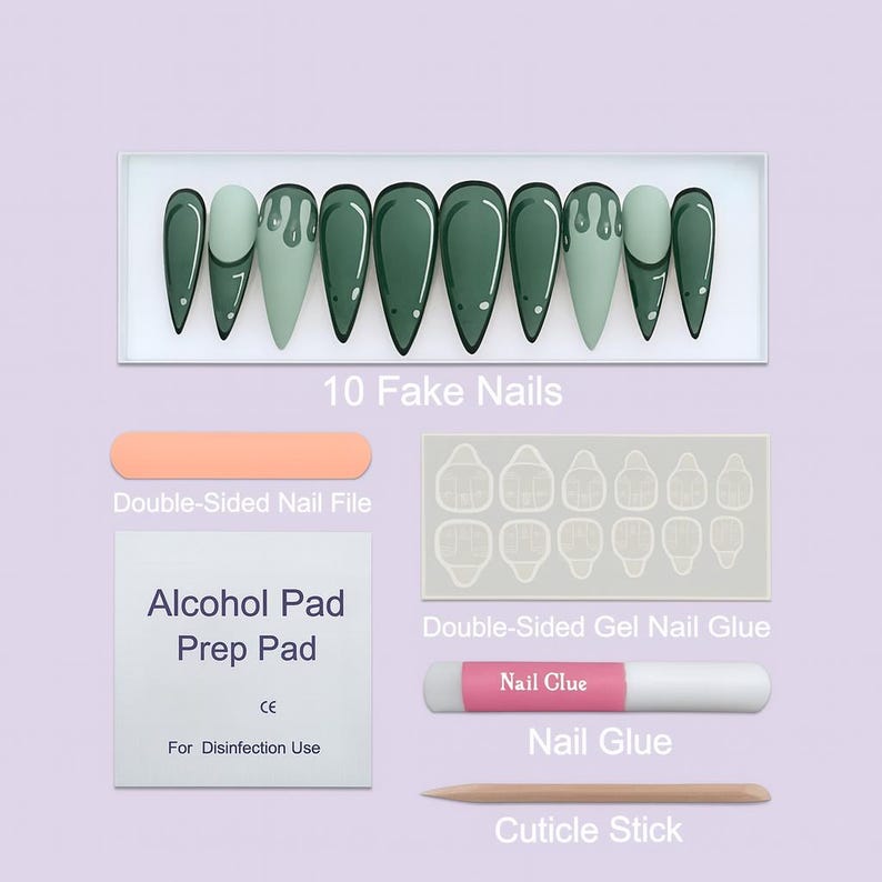 Green Press on Nails Long Almond French Freestyle Summer Nails - Etsy