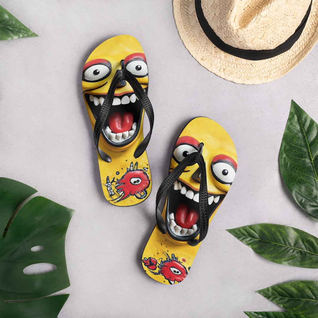 Funny Cartoon Face Flip Flop Sandals – Bold Yellow Novelty Slides ...