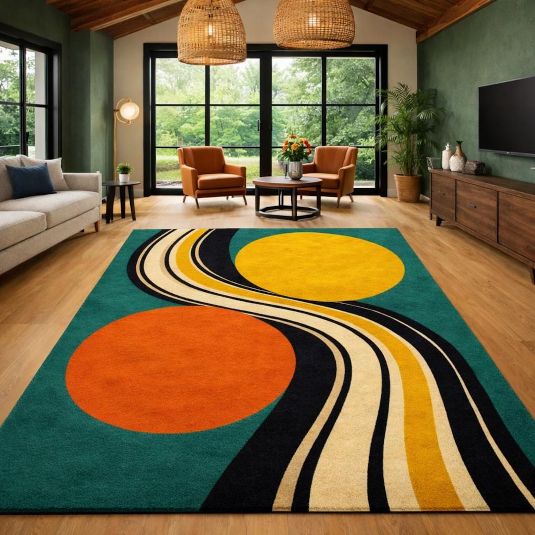 Mid Century Modern Area Rug, Geometric Color Block, Retro Living Room ...
