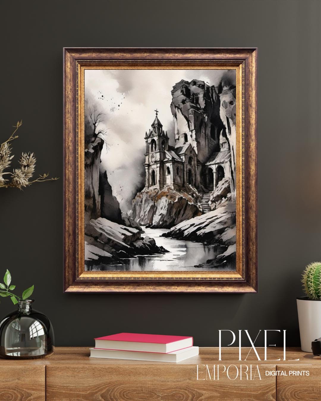 Ethereal Ruins of a Gothic Church Amidst Jagged Cliffs and Calm Waters ...