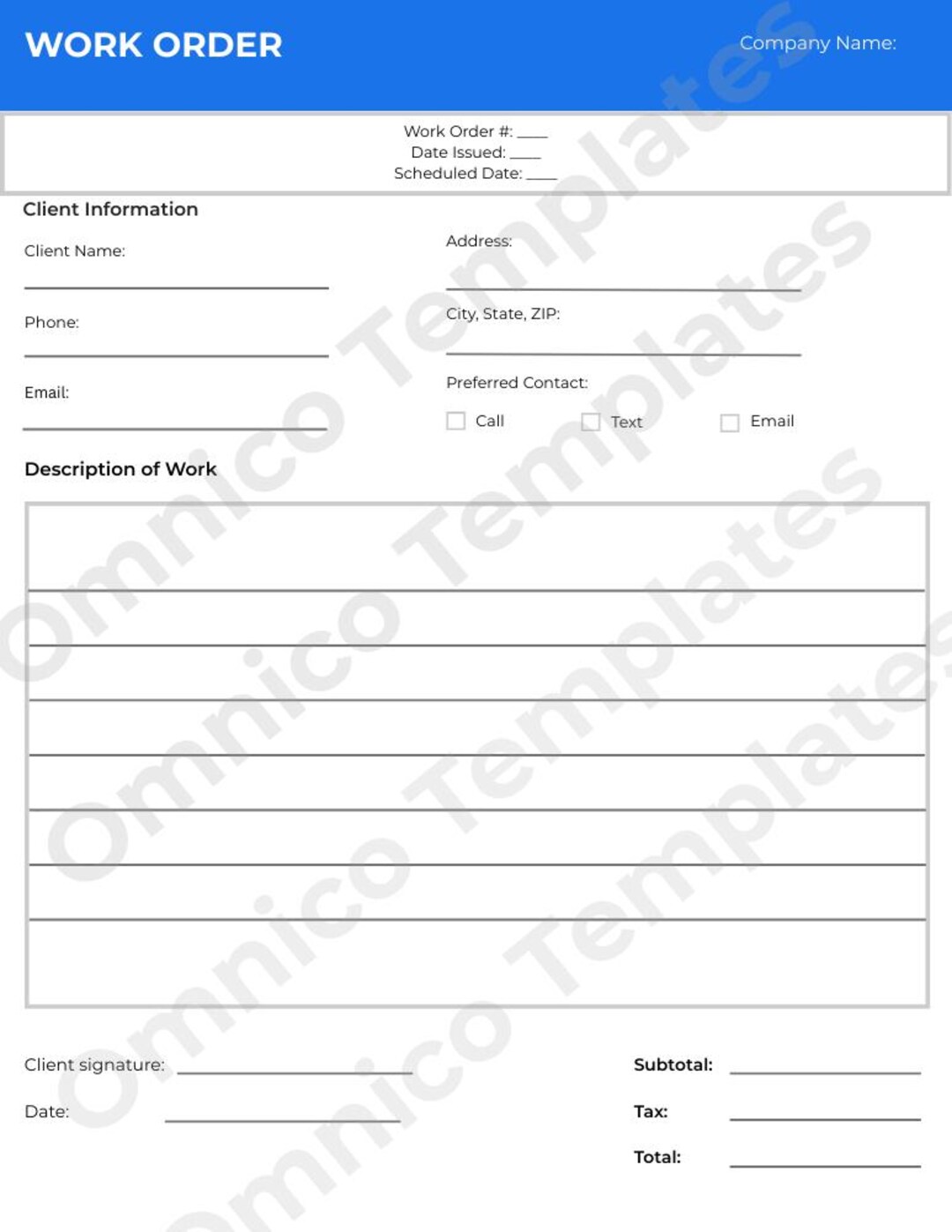 Editable Work Order Template | Contractor, Service Business (PDF Format ...