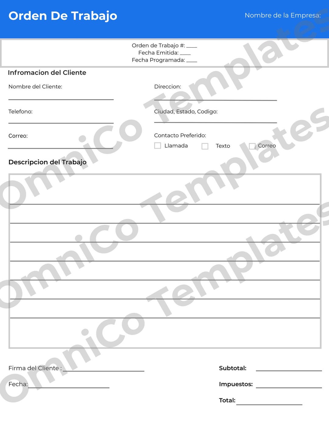 Orden De Trabajo Editable | Work Order En Español | Plantilla - Etsy