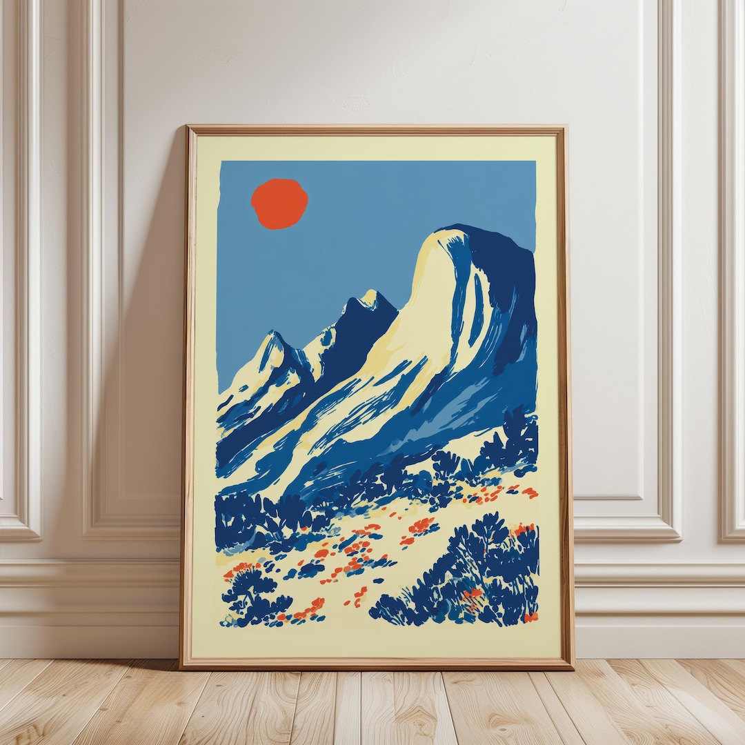 Retro Mountain Poster, Bold Color Landscape Art Print, Vintage Wall Art ...
