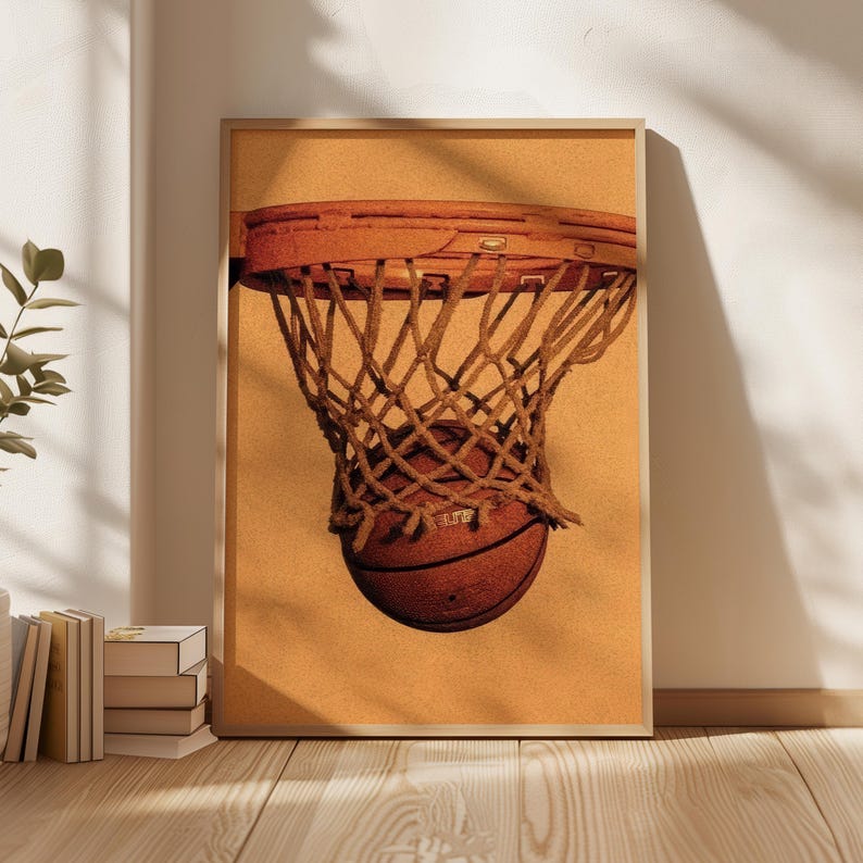 Vintage Basketball Hoop Poster, Retro Sports Wall Art, Minimal Orange ...