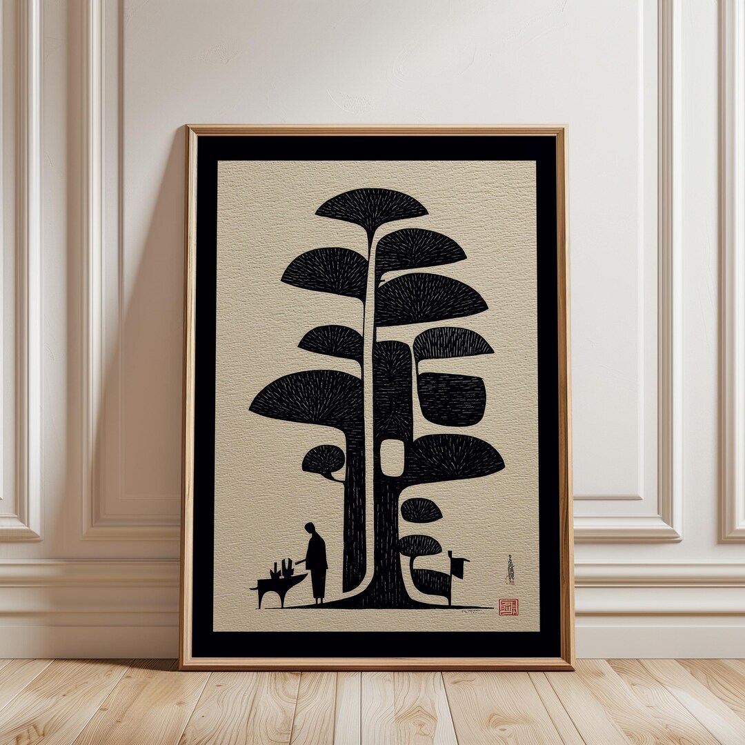 Japanese Woodcut Style Poster, Minimal Tree Silhouette Art Print, Zen ...
