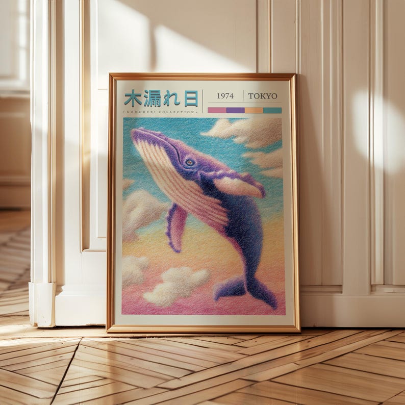 Whale Poster, Oil Pastel Ocean Wall Art Print, Japanese Typography ...