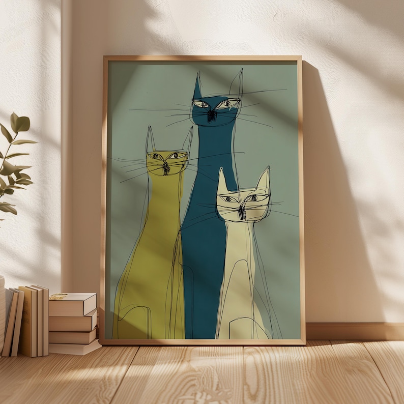Abstract Cat Illustration Poster, Modern Feline Wall Decor ...
