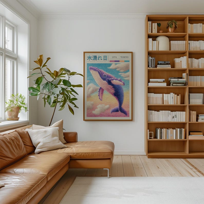 Whale Poster, Oil Pastel Ocean Wall Art Print, Japanese Typography ...