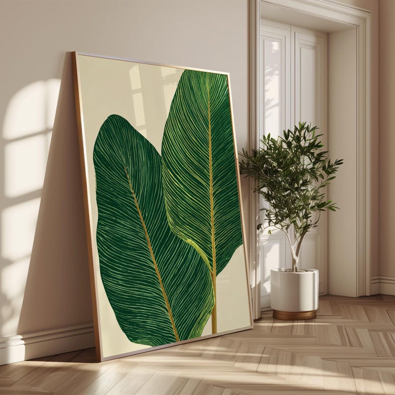 Tropical Green Leaf Botanical Poster, Banana Plant Wall Art, Large Leaf ...