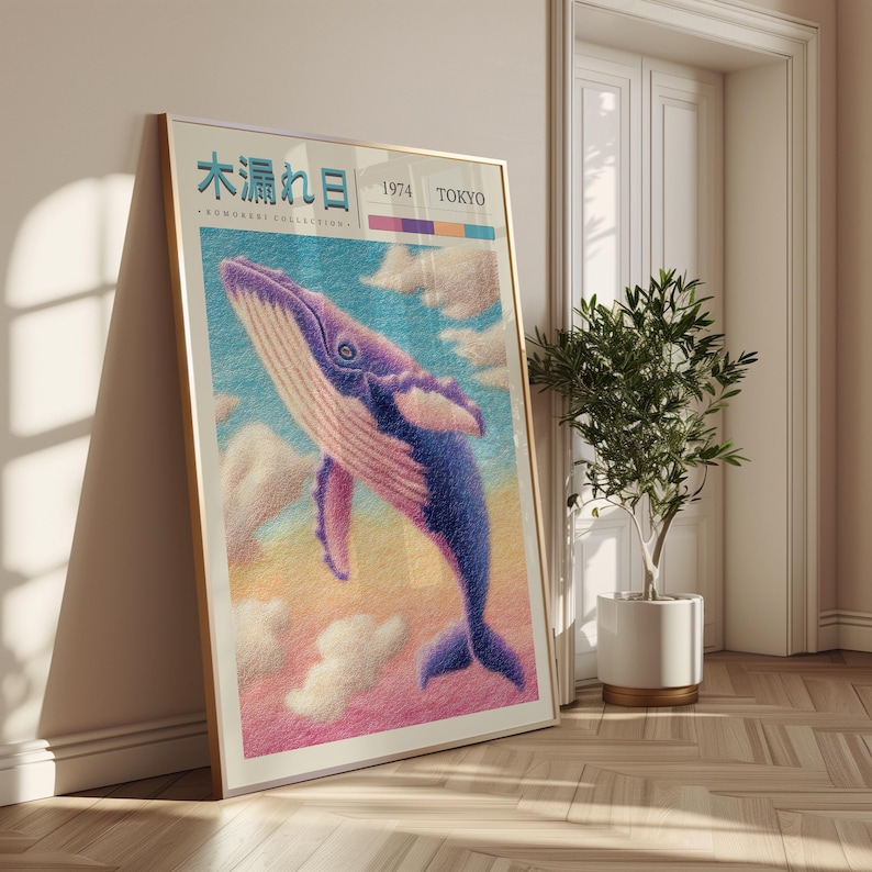 Whale Poster, Oil Pastel Ocean Wall Art Print, Japanese Typography ...