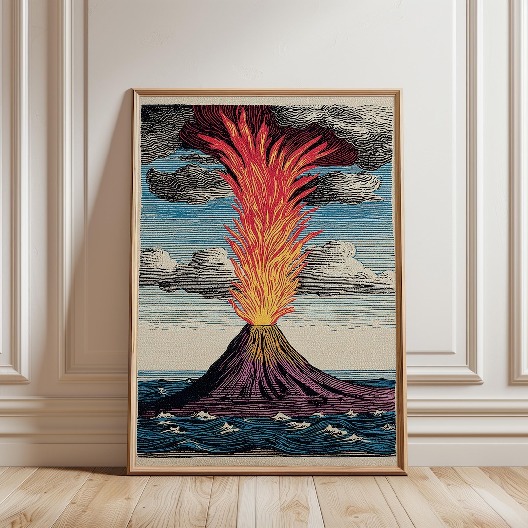 Affiche de l'éruption du volcan, gravure sur bois vintage art mural ...