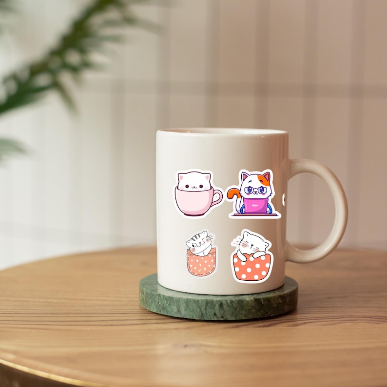 Cute Kawaii Cat Stickers PNG Bundle, Adorable Cartoon Kitty Stickers ...