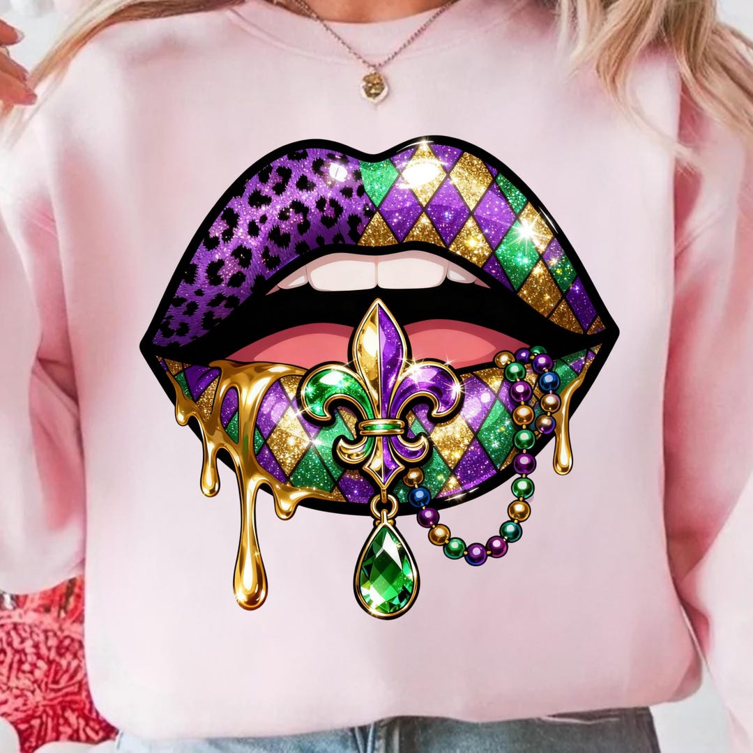 Mardi Gras Lips PNG, Leopard Harlequin Fleur De Lis, Glam Gold Drip ...