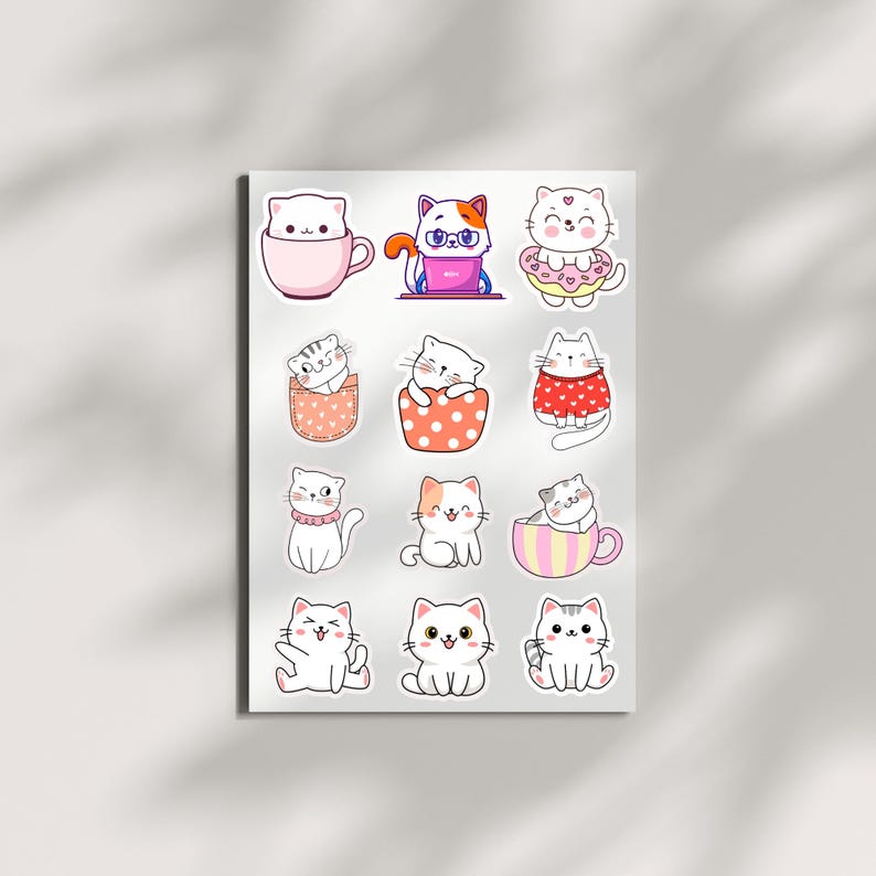 Cute Kawaii Cat Stickers PNG Bundle, Adorable Cartoon Kitty Stickers ...