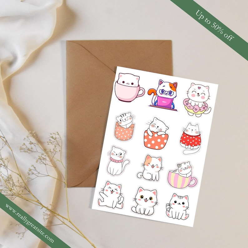 Cute Kawaii Cat Stickers PNG Bundle, Adorable Cartoon Kitty Stickers ...