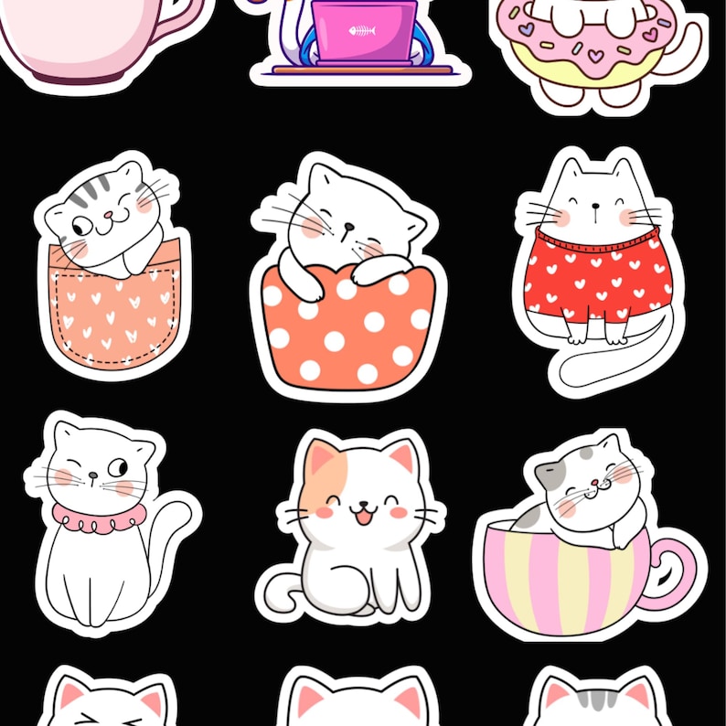 Cute Kawaii Cat Stickers PNG Bundle, Adorable Cartoon Kitty Stickers ...