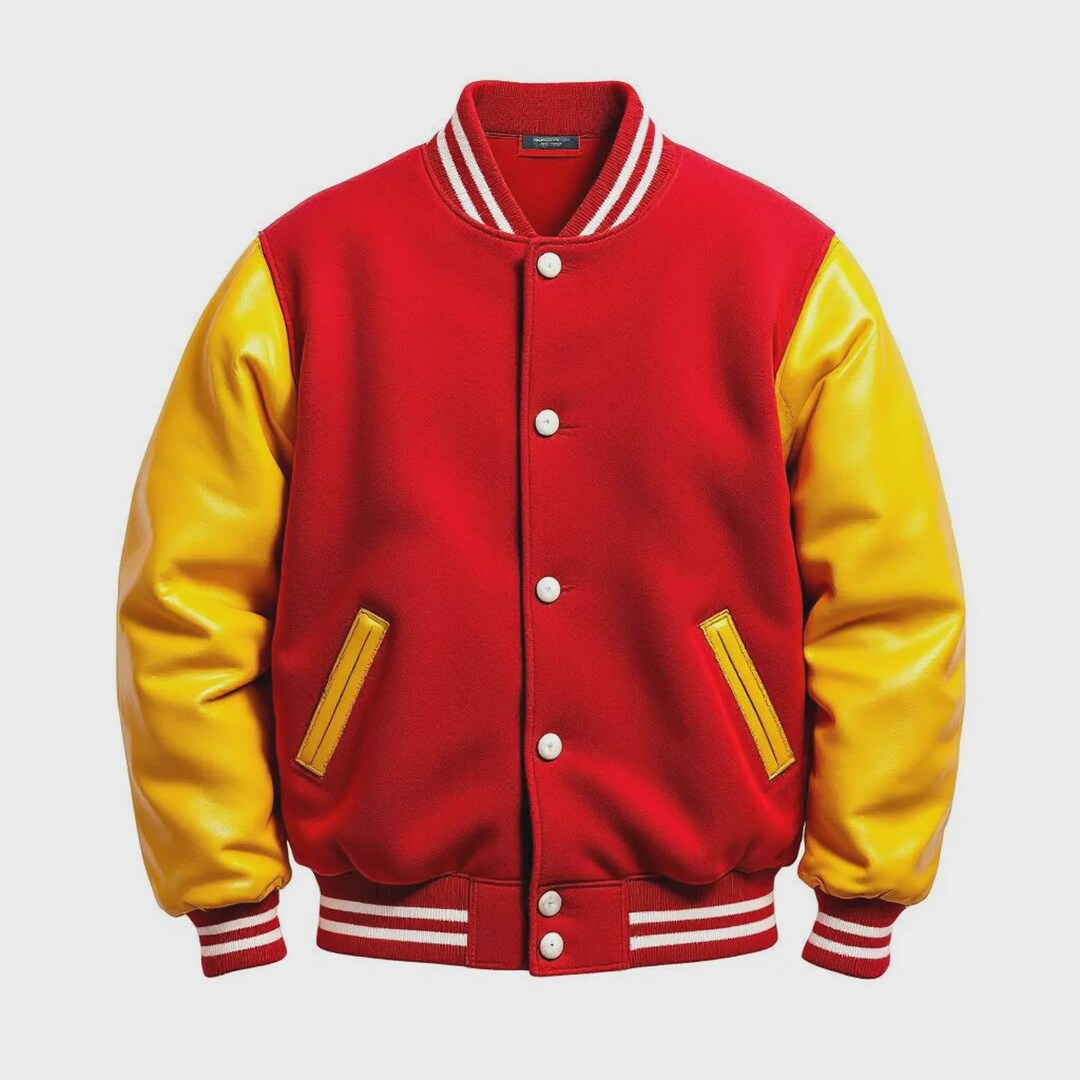 Custom Varsity Jacket Red Wool Body Yellow Leather Sleeves Personalized ...