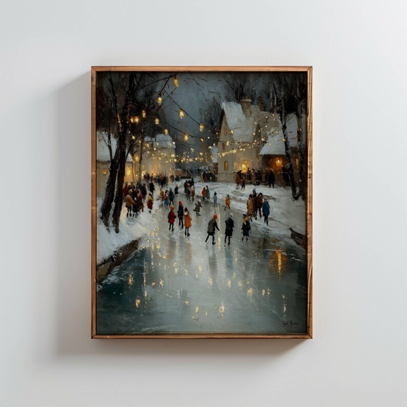 Winter Village Ice Skating Print | Vintage Holiday Wall Art (digital ...