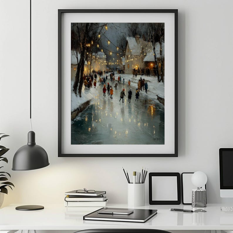 Winter Village Ice Skating Print | Vintage Holiday Wall Art (digital ...