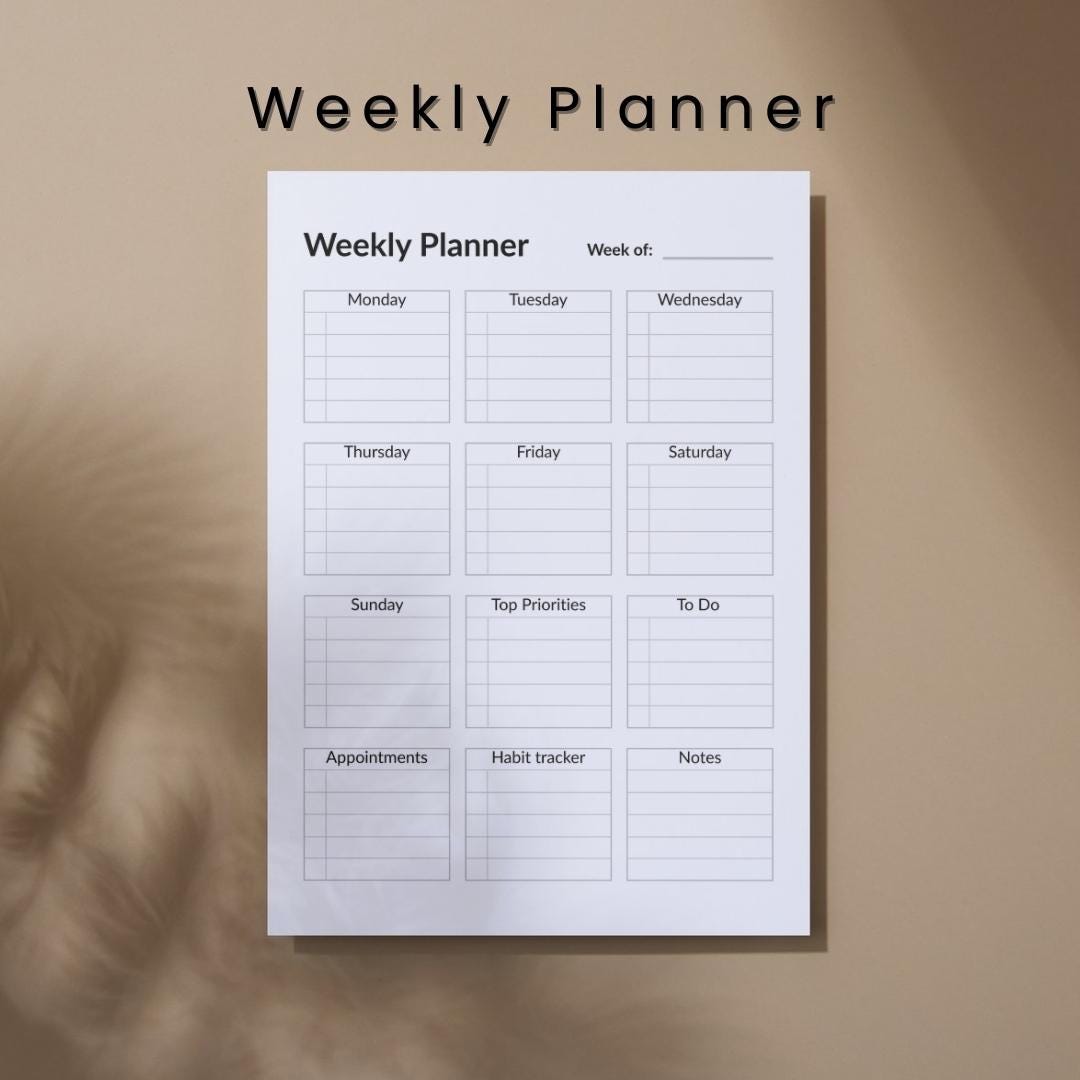 Minimal Weekly Planner Printable | One-page Template | Simple Weekly To ...