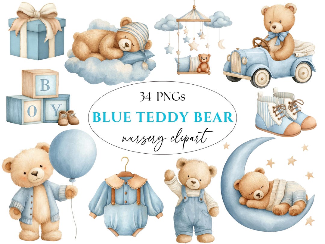 Blue Teddy Bear Clipart Bundle, Watercolor Baby Boy Nursery PNG, Sleepy ...