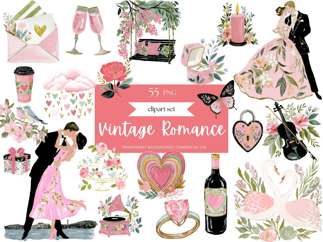Vintage Romance Clipart Bundle, Watercolor Couple PNG, Bridal Shower ...