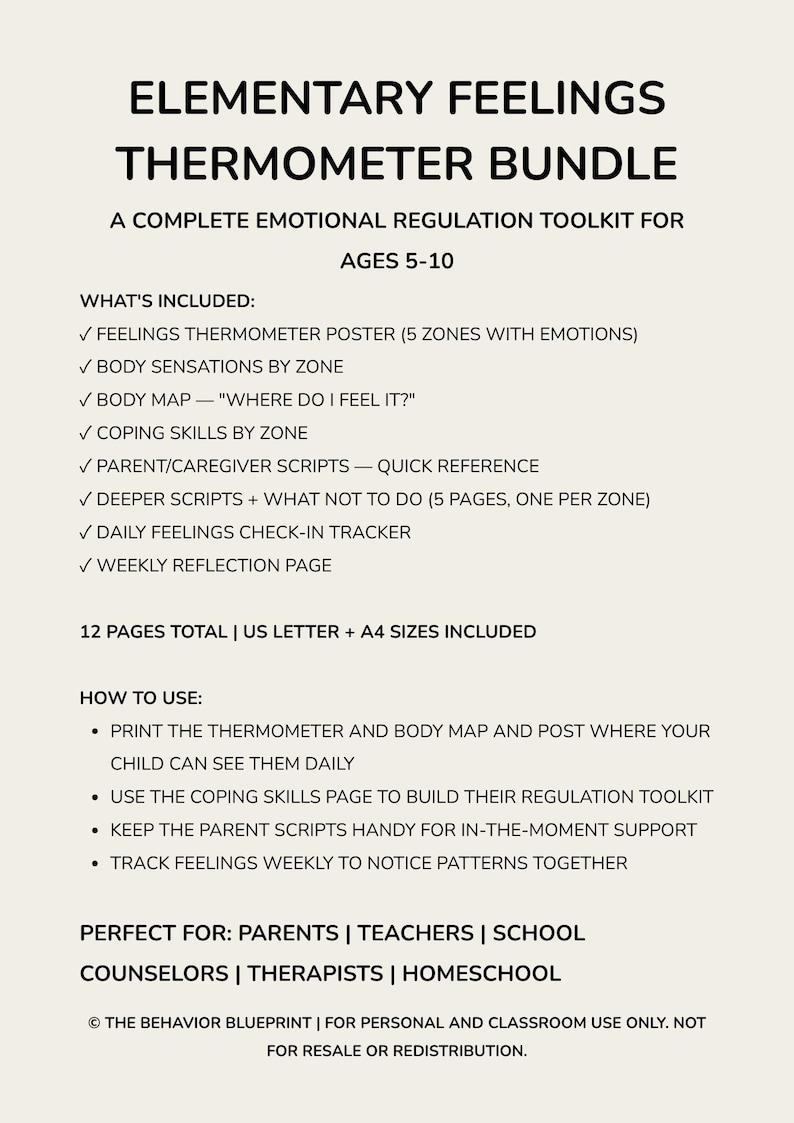 Feelings Thermometer Bundle | Kids Emotion Regulation | Coping Skills ...