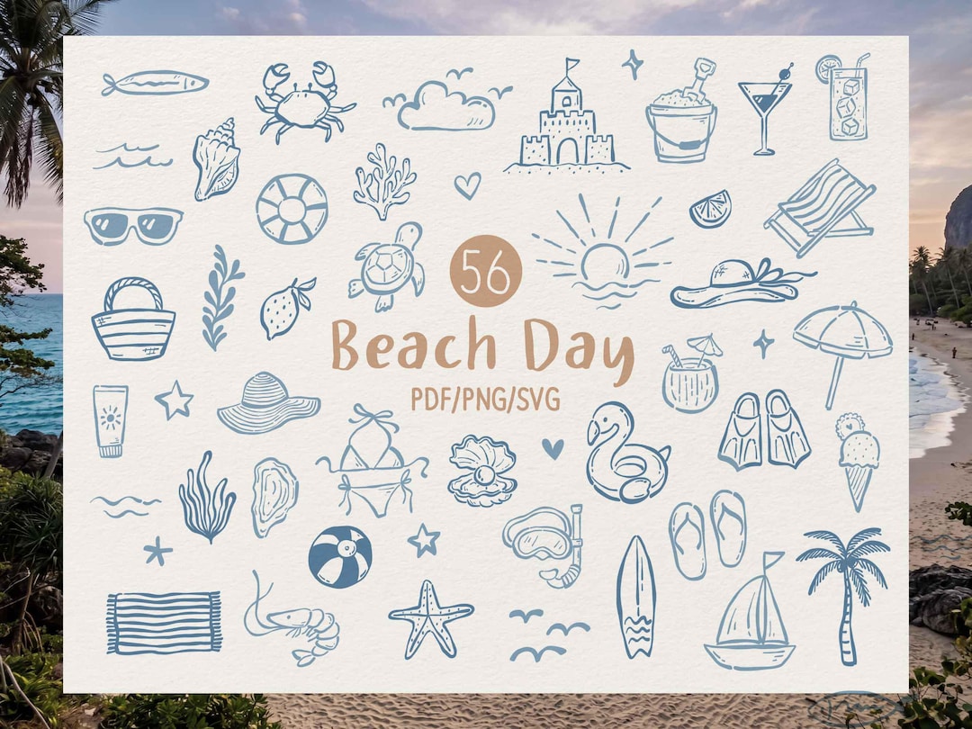 Hand-drawn Beach Day Clipart Doodle Collection (PDF/PNG/SVG) - Etsy