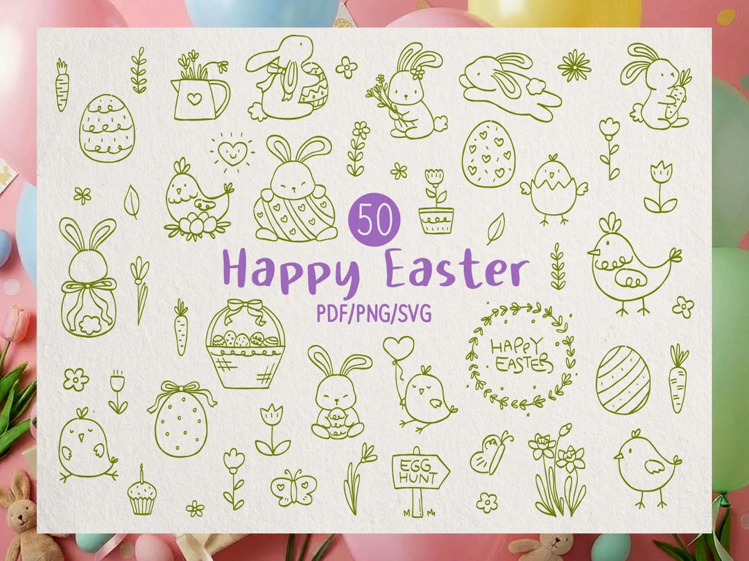 Hand-drawn Easter Doodles Clip Art, Spring Bunny Egg Illustration ...
