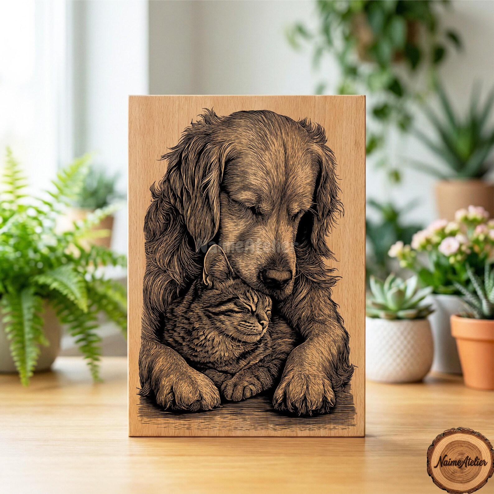 Sleeping Cat in Dog's Arms Engraving PNG Transparent | Cozy Pet Love ...