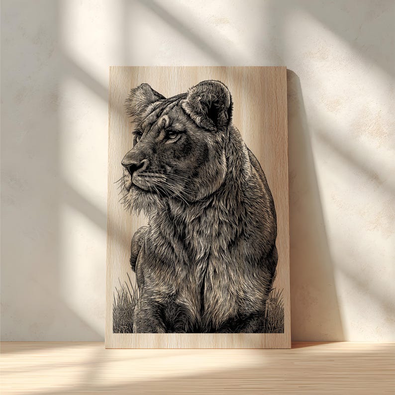 Lioness Portrait Engraving PNG | Rustic Wildlife Engraving Wood Print ...